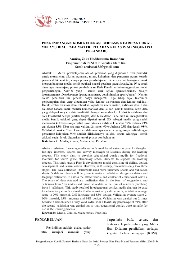 (PDF) Pengembangan Komik Edukasi Berbasis Kearifan Lokal Melayu Riau Pada Materi Pecahan Kelas ...