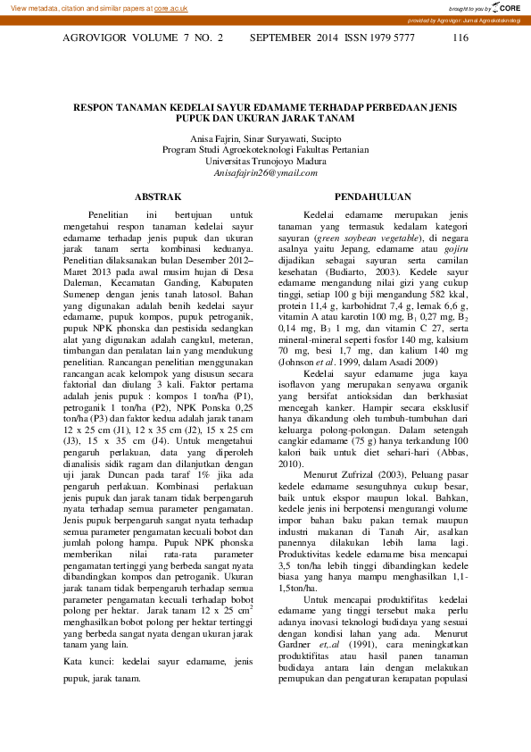 (PDF) Respon Tanaman Kedelai Sayur Edamame Terhadap Perbedaan Jenis Pupuk Dan Ukuran Jarak Tanam