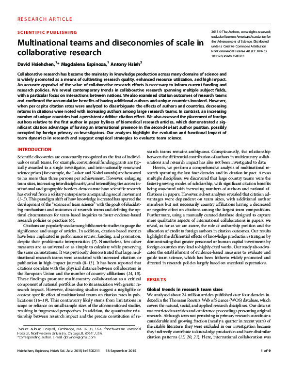 (PDF) Multinational teams and diseconomies of scale in collaborative research