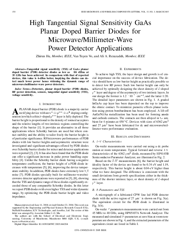 (PDF) High tangential signal sensitivity GaAs planar doped barrier diodes for microwave ...
