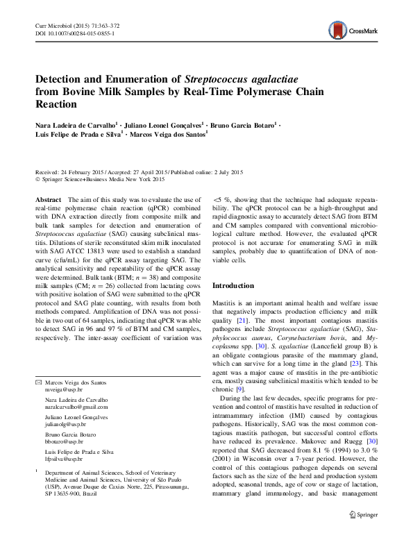 Pdf Detection And Enumeration Of Streptococcus Agalactiae From Bovine Milk Samples By Real