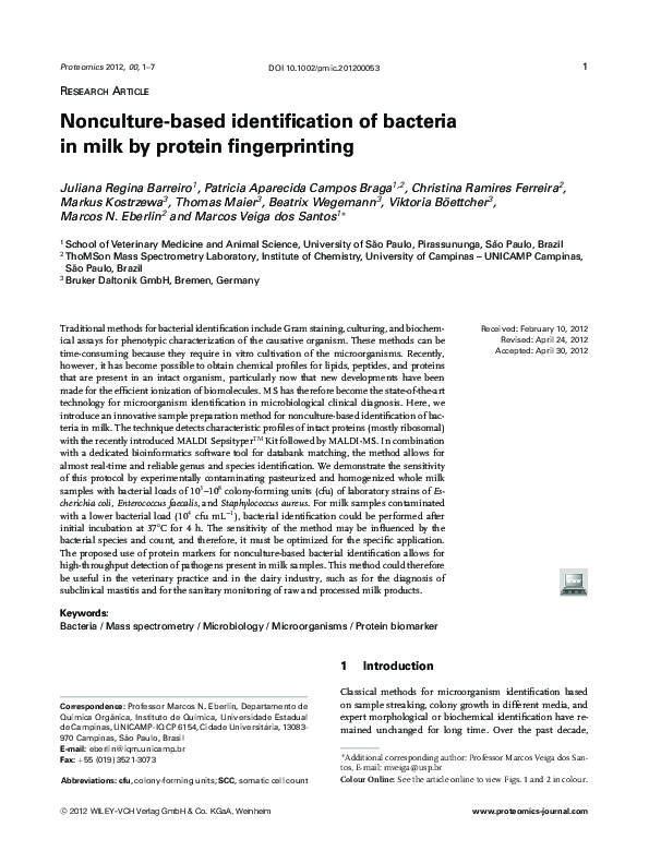 (PDF) Nonculture-based identification of bacteria in milk by protein ...