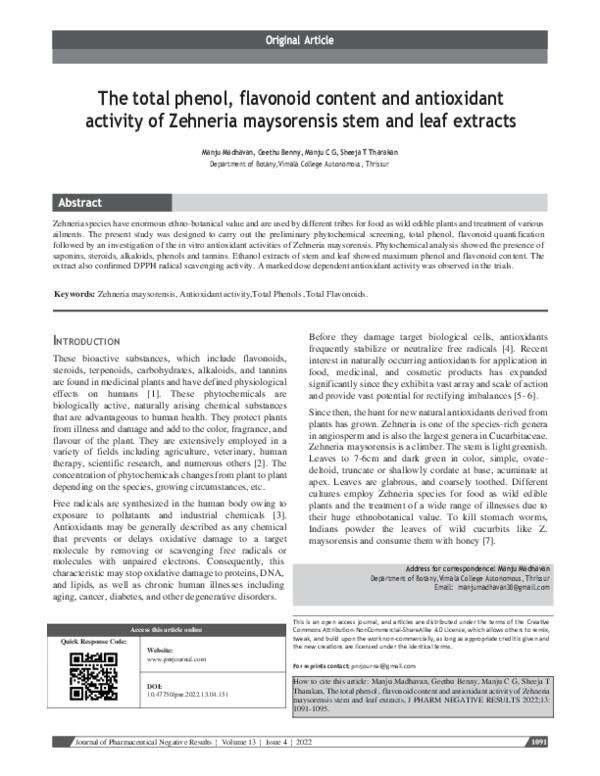 (PDF) The total phenol, flavonoid content and antioxidant activity of Zehneria maysorensis stem ...