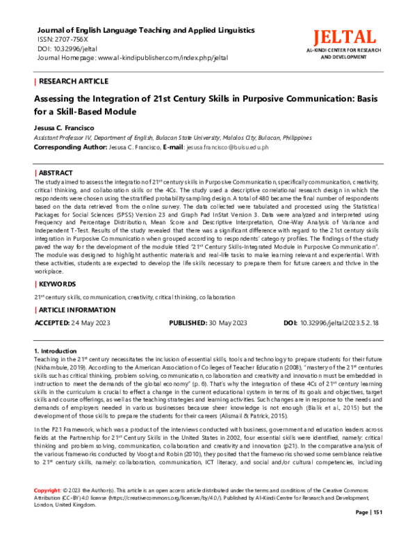 (PDF) Assessing the Integration of 21st Century Skills in Purposive Communication: Basis for a ...