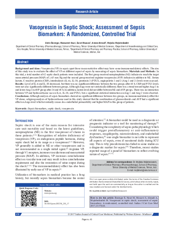 (PDF) Vasopressin in septic shock; assessment of sepsis biomarkers: A randomized, controlled trial
