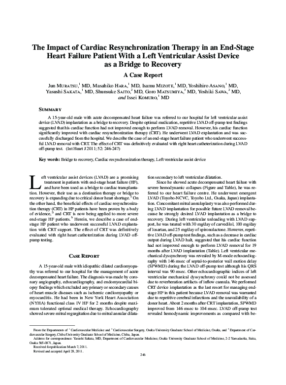 (PDF) Cardiac Resynchronization Therapy Aids LVAD Removal in Heart Failure