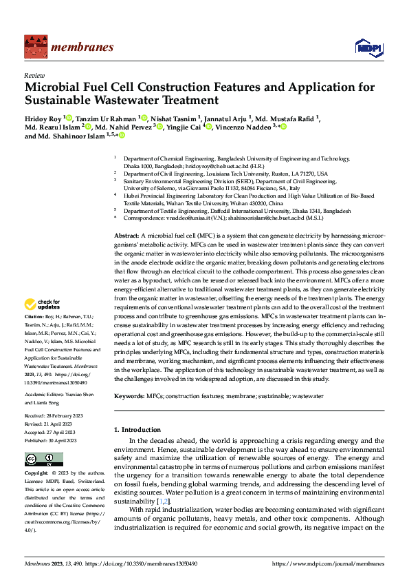 (PDF) Microbial Fuel Cell Construction Features and Application for Sustainable Wastewater Treatment