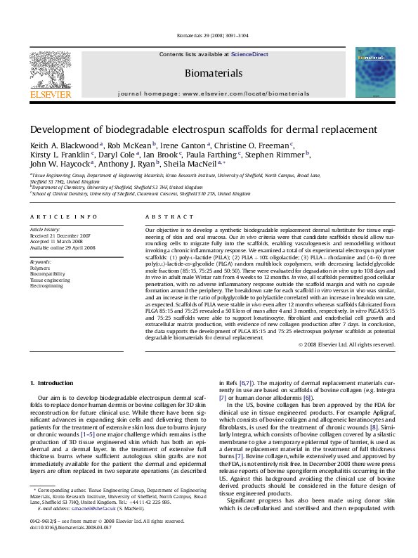 (PDF) Development of biodegradable electrospun scaffolds for dermal replacement | Sheila Macneil ...