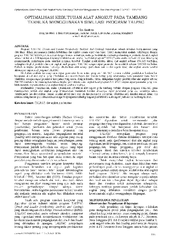 (PDF) Optimalisasi Kebutuhan Alat Angkut Pada Tambang Terbuka Menggunakan Simulasi Program Talpac