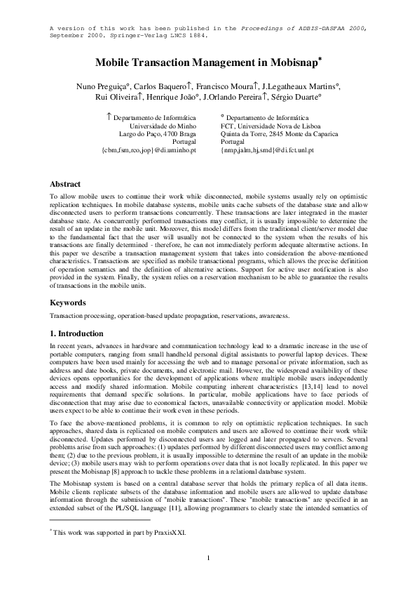 (PDF) Mobile Transaction Management in Mobisnap | Jose Pereira - Academia.edu
