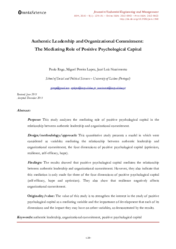 (PDF) Authentic leadership and organizational commitment: The mediating role of positive ...
