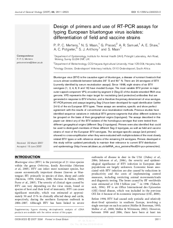 (PDF) Design of primers and use of RT-PCR assays for typing European ...