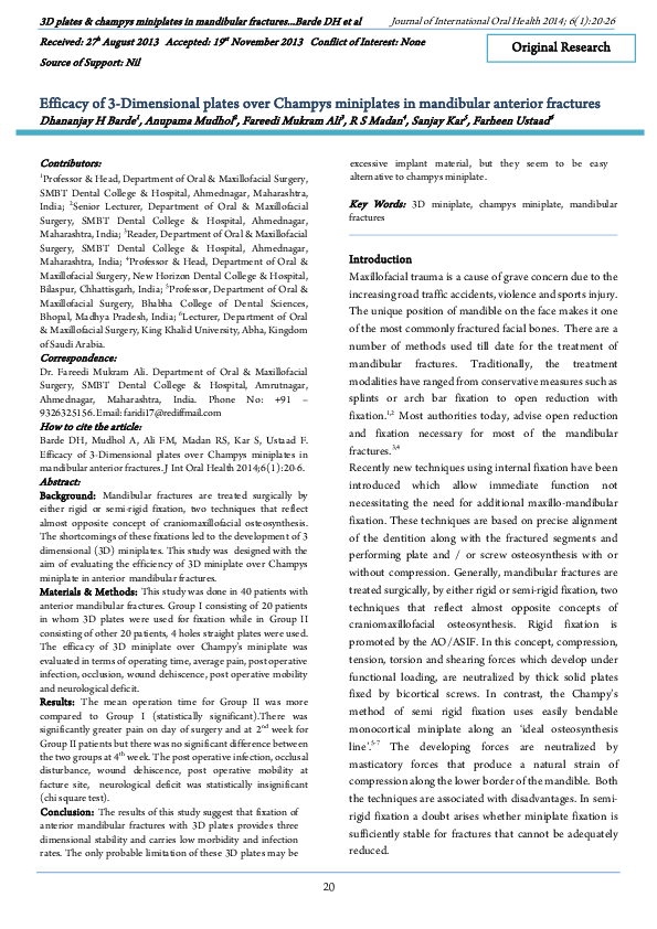 (PDF) Efficacy of 3-Dimensional plates over Champys miniplates in ...