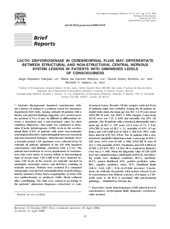 (PDF) Lactic Dehydrogenase in Cerebrospinal Fluid May Differentiate Between Structural and Non ...