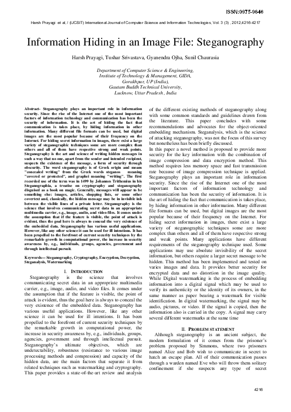(PDF) Information Hiding in an Image File: Steganography