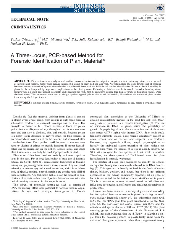 (PDF) A Three-Locus, PCR-based Method for Forensic Identification of Plant Material