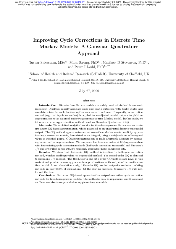 Pdf Improving Cycle Corrections In Discrete Time Markov Models A Gaussian Quadrature Approach