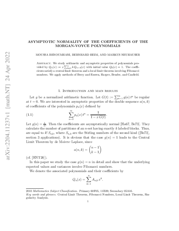 (PDF) Asymptotic Normality of the Coefficients of the Morgan-Voyce Polynomials