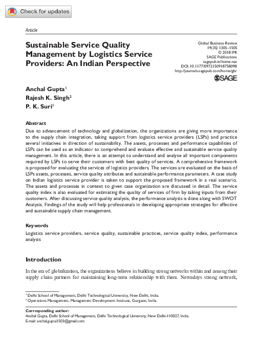 (PDF) Sustainable Service Quality Management by Logistics Service ...