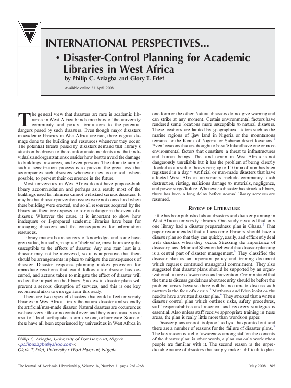 (PDF) Disaster-Control Planning for Academic Libraries in West Africa ...