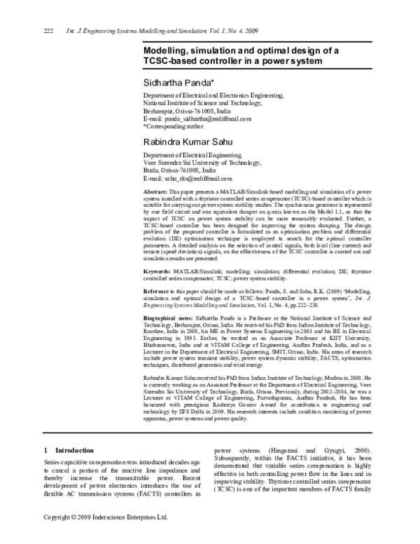 Pdf Modelling Simulation And Optimal Design Of A Tcsc Based Controller In A Power System