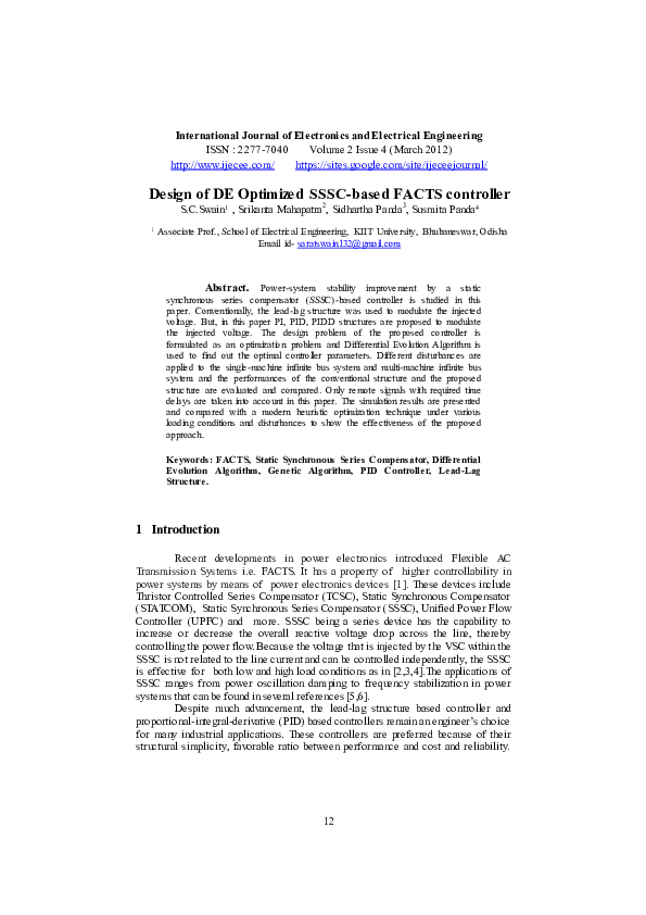 Pdf Design Of De Optimized Sssc Based Facts Controller