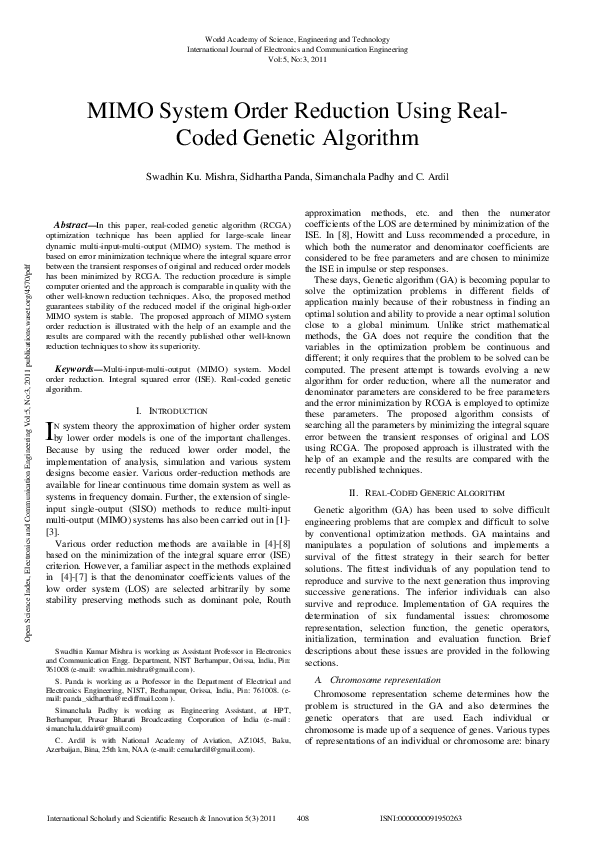 (PDF) Mimo System Order Reduction Using Real-Coded Genetic Algorithm
