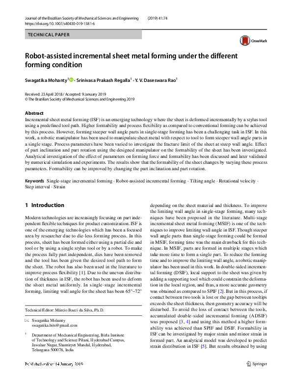 (PDF) Robot-assisted incremental sheet metal forming under the different forming condition