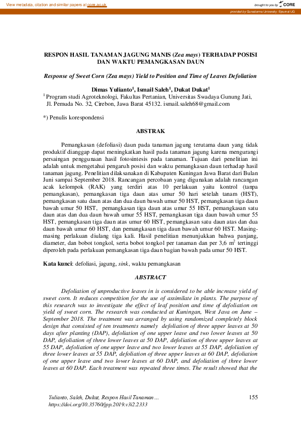 (PDF) RESPON HASIL TANAMAN JAGUNG MANIS (Zea mays) TERHADAP POSISI DAN WAKTU PEMANGKASAN DAUN