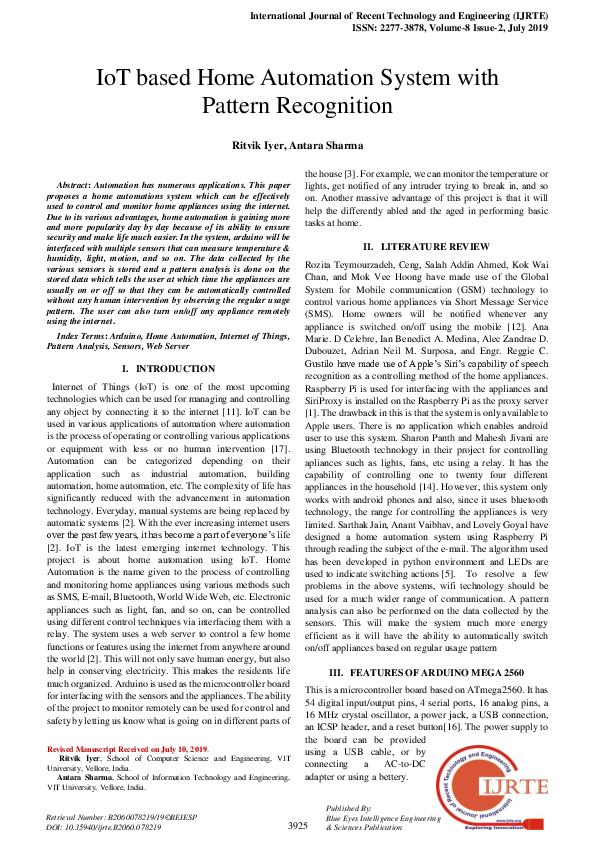 (PDF) IoT based Home Automation System with Pattern Recognition
