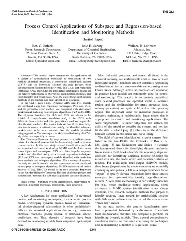 Pdf Process Control Applications Of Subspace And Regression Based Identification And