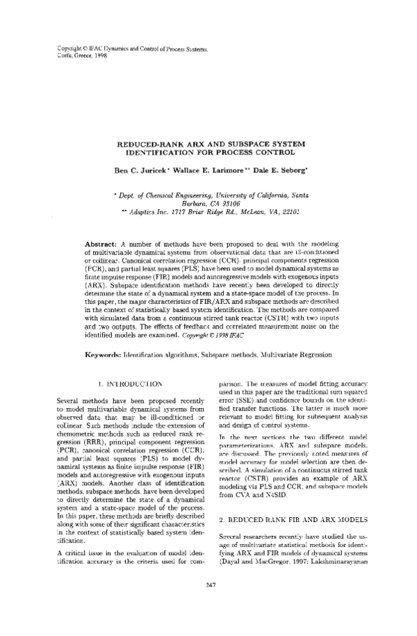 (PDF) Reduced-Rank ARX and Subspace System Identification for Process ...