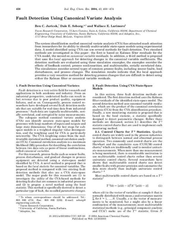 Pdf Fault Detection Using Canonical Variate Analysis Ben Juricek