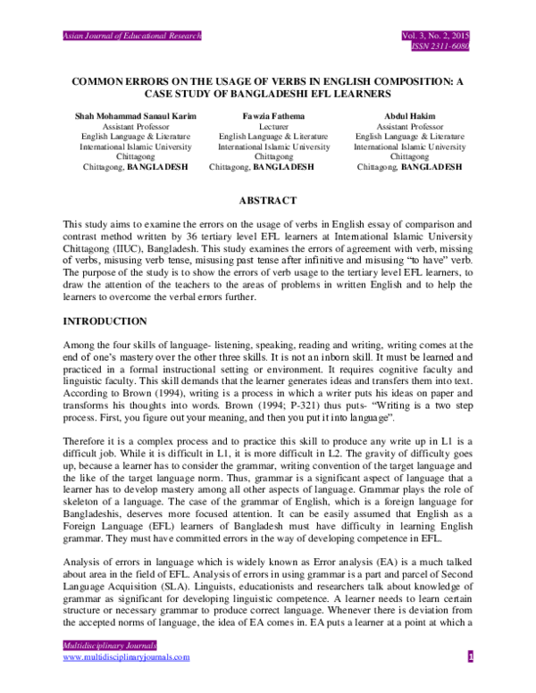 (PDF) Common Errors on the Usage of Verbs in English Composition: A Case Study of Bangladeshi ...