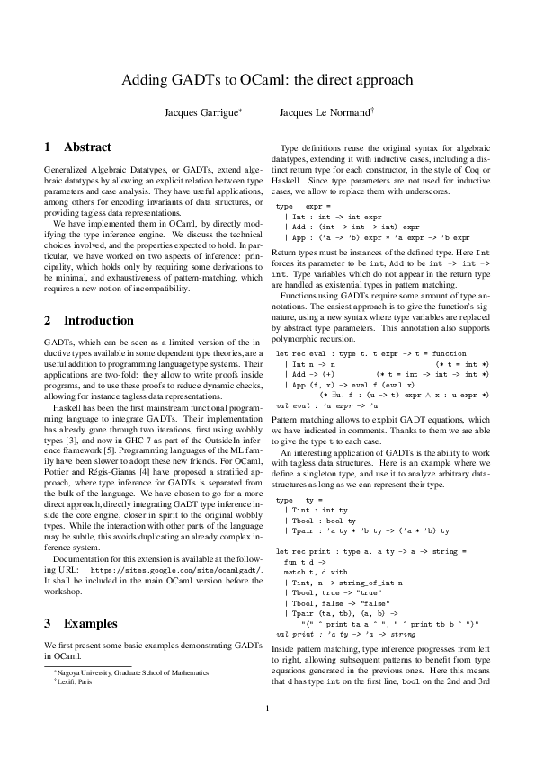 (PDF) Adding GADTs to OCaml: the direct approach | Jacques Garrigue ... (PDF) Adding GADTs to OCaml: the direct approach | Jacques Garrigue ...