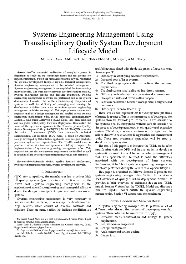 (PDF) Systems Engineering Management Using Transdisciplinary Quality ...