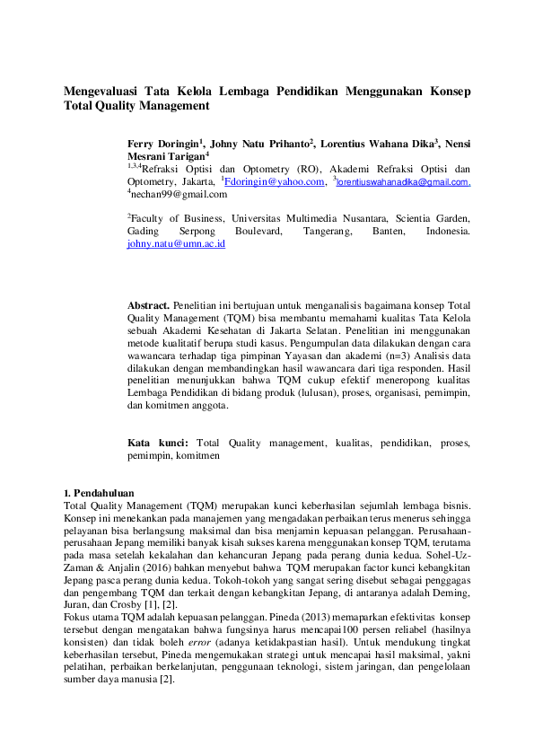 (PDF) Mengevaluasi Tata Kelola Lembaga Pendidikan Menggunakan Konsep Total Quality Management