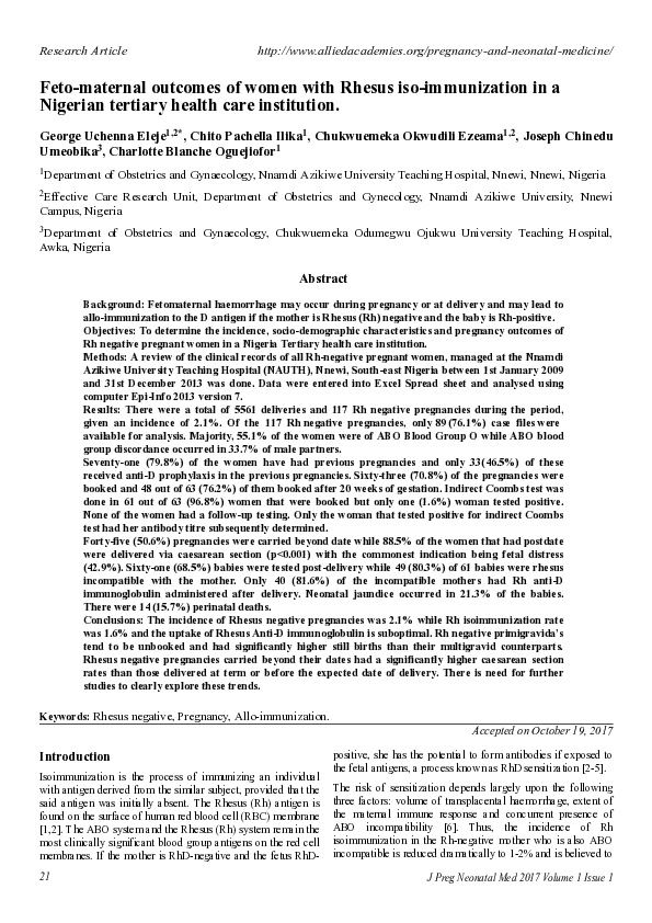 (PDF) Feto-maternal outcomes of women with Rhesus iso-immunization in a ...