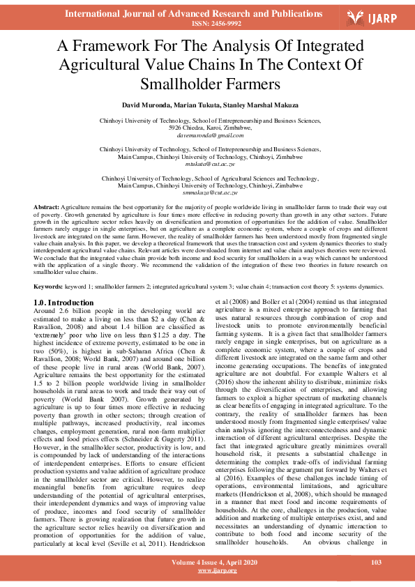(PDF) A Framework For The Analysis Of Integrated Agricultural Value Chains In The Context Of ...
