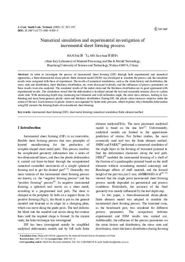Pdf Numerical Simulation And Experimental Investigation Of
