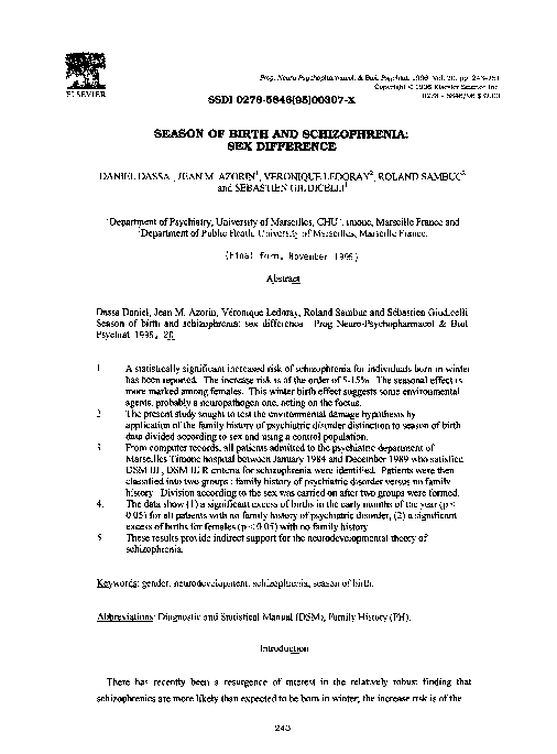 Pdf Season Of Birth And Schizophrenia Sex Difference