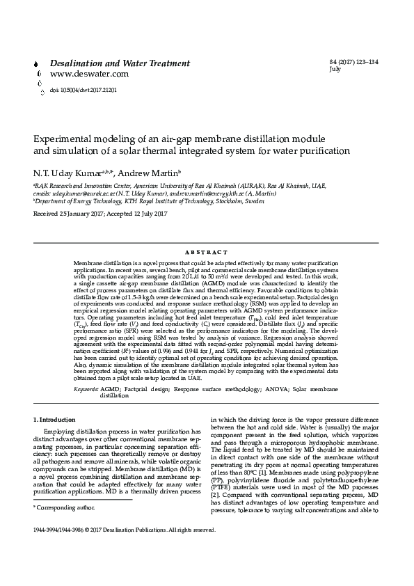 (PDF) Experimental modeling of an air-gap membrane distillation module and simulation of a solar ...