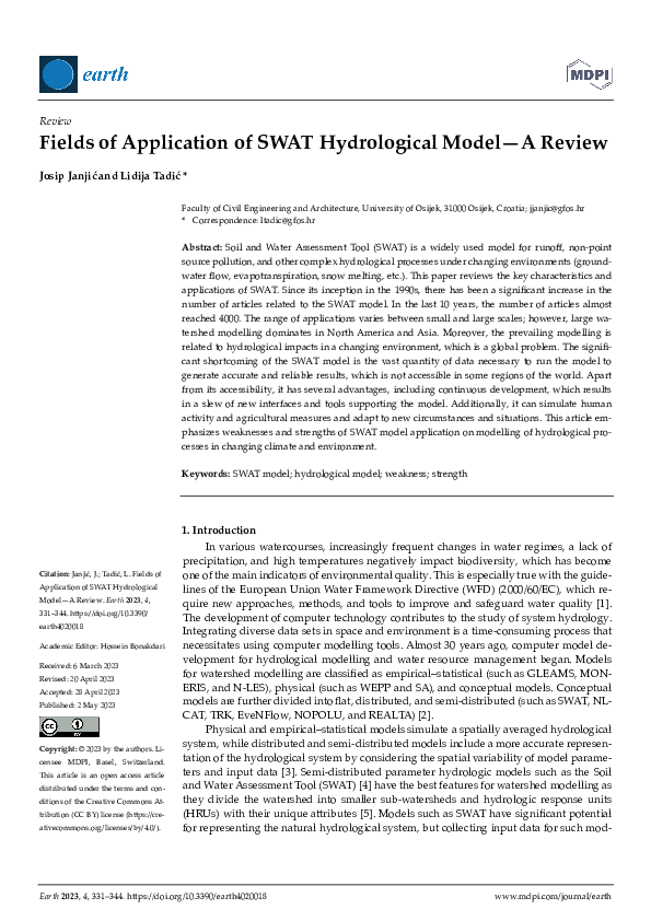 Pdf Fields Of Application Of Swat Hydrological Model—a Review