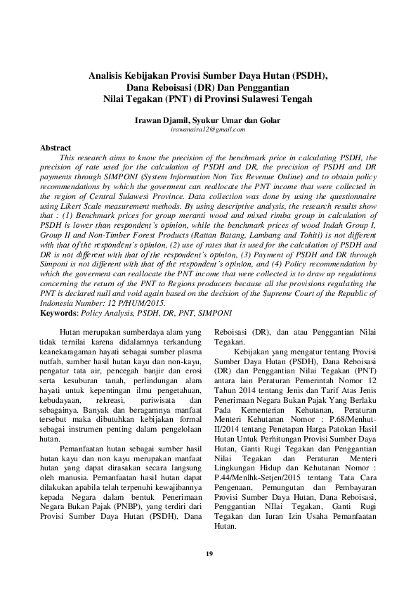 (PDF) Analisis Kebijakan Provisi Sumber Daya Hutan (PSDH), Dana ...