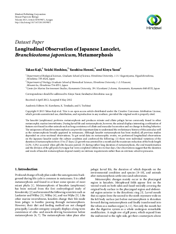 (PDF) Longitudinal Observation of Japanese Lancelet,Branchiostoma ...