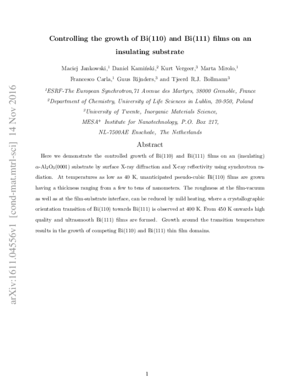 (PDF) Controlling the growth of Bi(110) and Bi(111) films on an ...