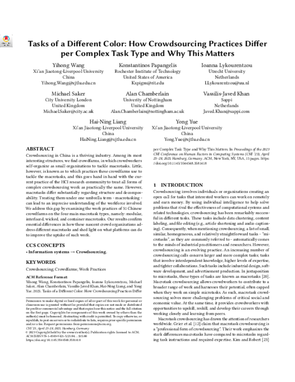 (PDF) Tasks of a Different Color: How Crowdsourcing Practices Differ per Complex Task Type and ...