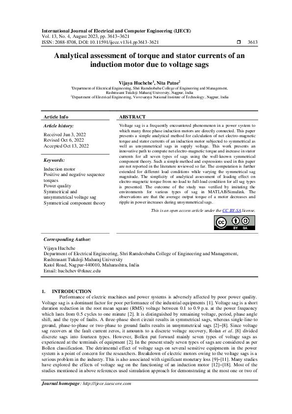 Pdf Analytical Assessment Of Torque And Stator Currents Of An Induction Motor Due To Voltage Sags