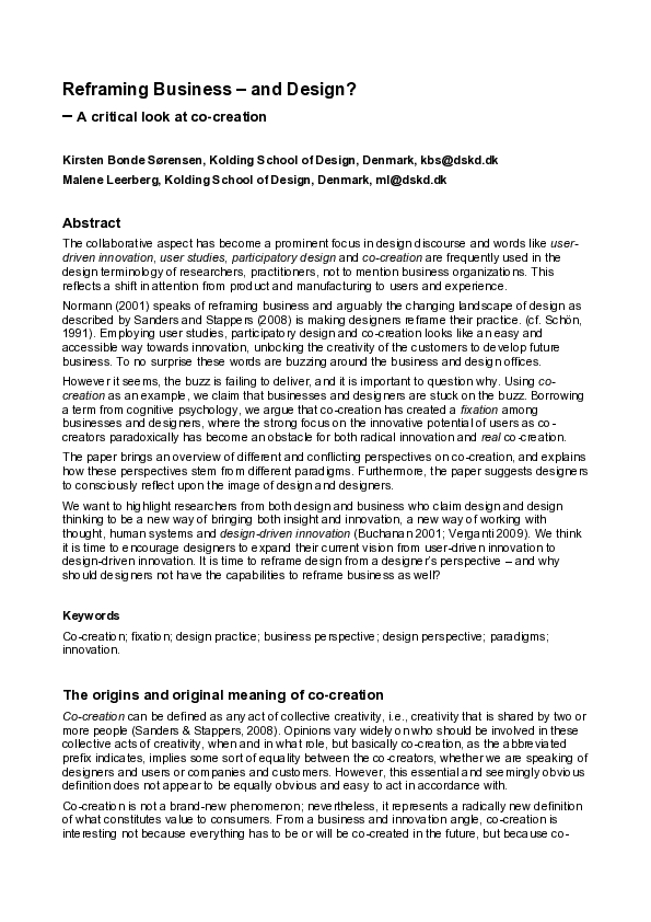 (PDF) Reframing business - and design?: a critical look at co-creation