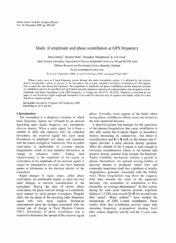 (PDF) Study of amplitude and phase scintillation at GPS frequency ...